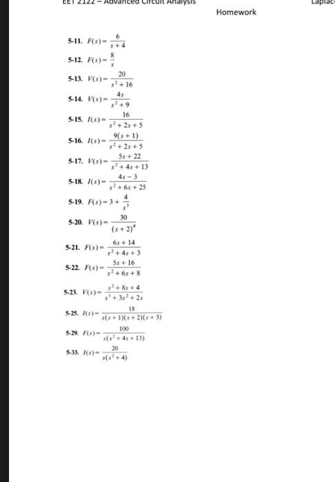 Solved EET 2122- Advanced Circuit Analysis 5-11. F(s)= 5-12. | Chegg.com
