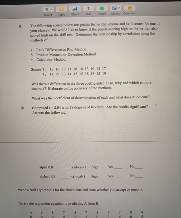 Solved Table Insert Chart Text Shape Media Comment II. The | Chegg.com