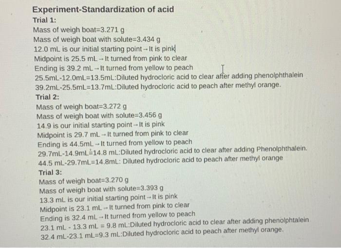 Solved Experiment-Standardization of acid Trial 1: Mass of | Chegg.com