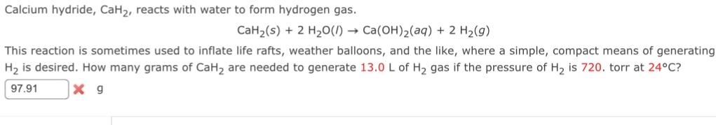 Solved Calcium hydride, CaH2, ﻿reacts with water to form | Chegg.com