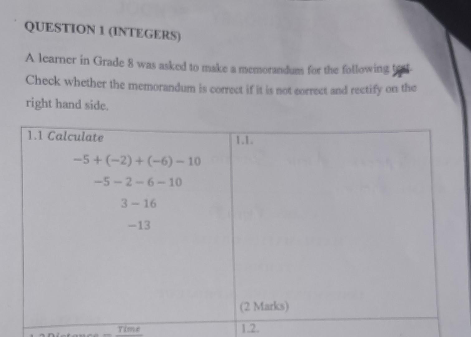 Solved QUESTION 1 (INTEGERS) A learner in Grade 8 was acked | Chegg.com