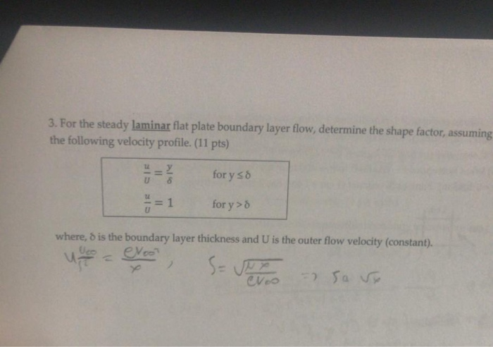 Solved 3. For the steady laminar flat plate boundary layer | Chegg.com