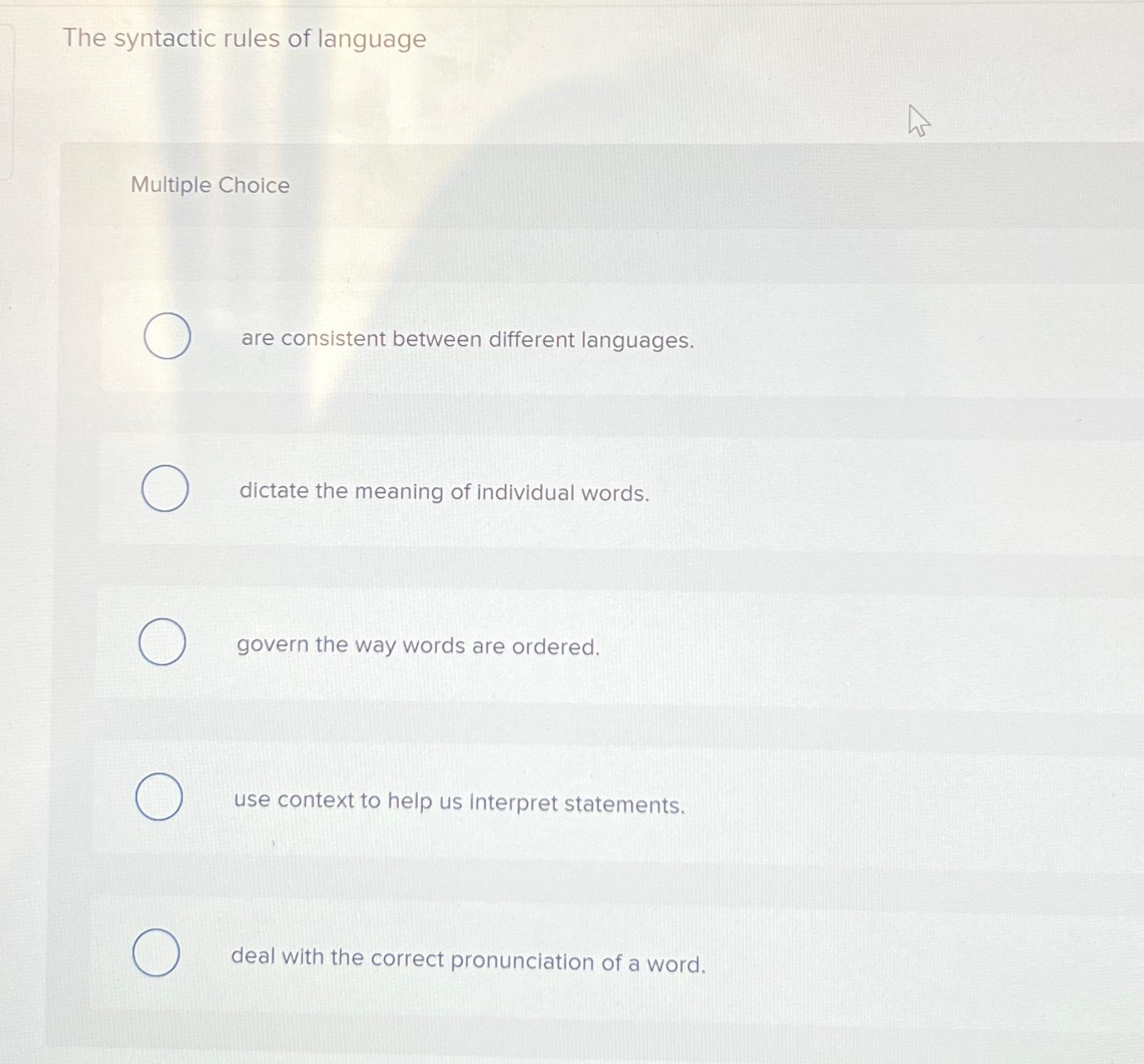 Solved The syntactic rules of languageMultiple Choiceare | Chegg.com