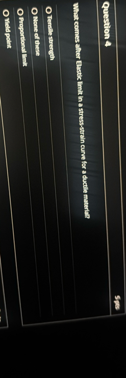 [Solved]: 5pts Question What comes after Elastic limit in a