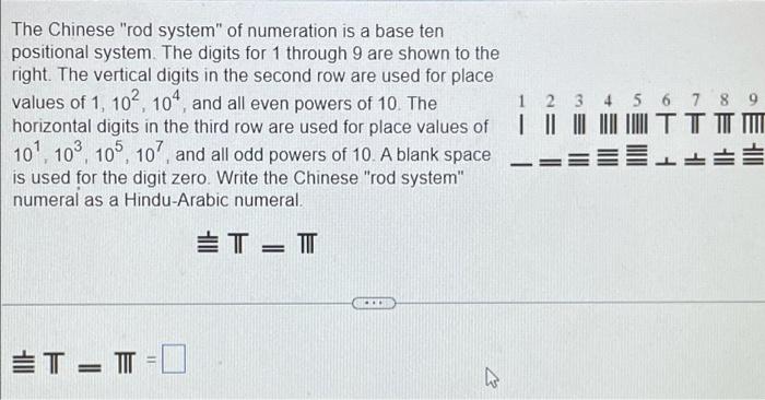 Solved 1 The Chinese "rod system" of numeration is a base | Chegg.com