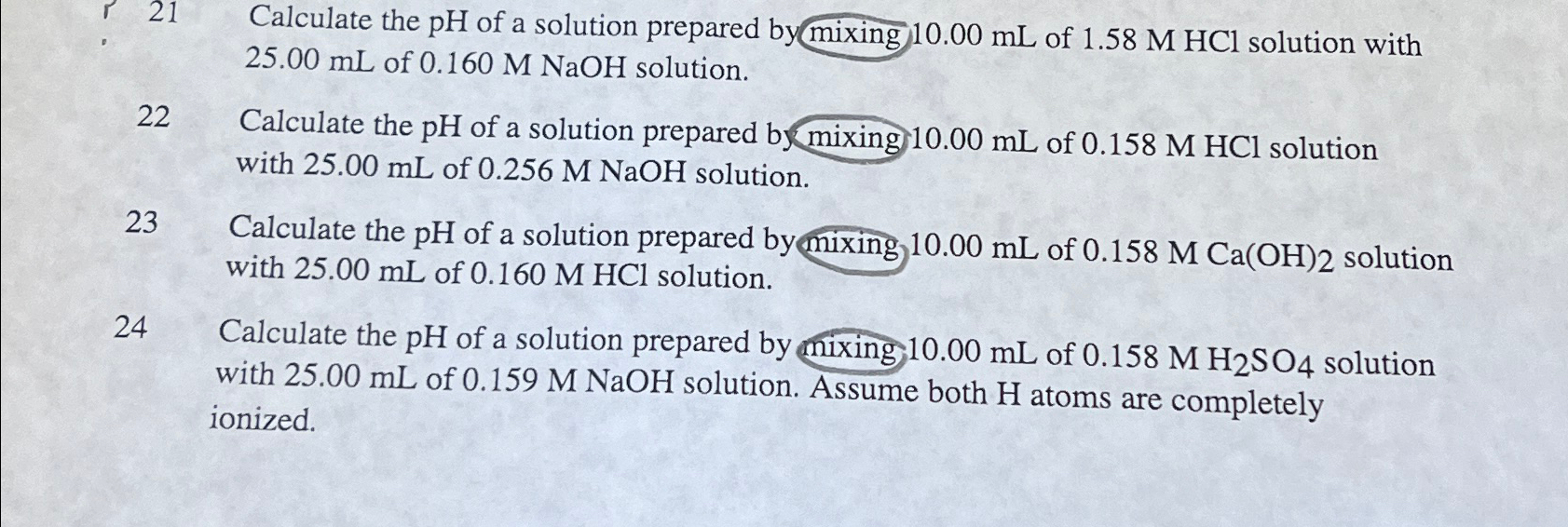 Calculate the pH ﻿of a solution prepared by mixing | Chegg.com