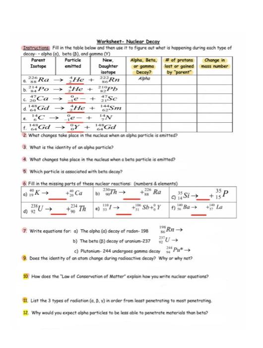 Solved Worksheet-Nuclear Decey Instructions: Fill in the | Chegg.com