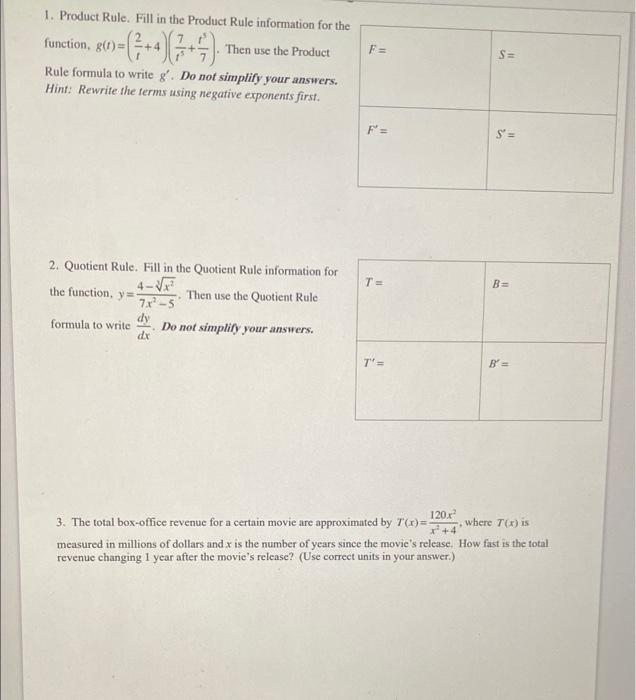 Solved 1. Product Rule, Fill in the Product Rule information | Chegg.com