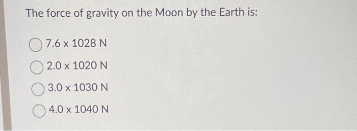Solved The force of gravity on the Moon by the Earth is: | Chegg.com