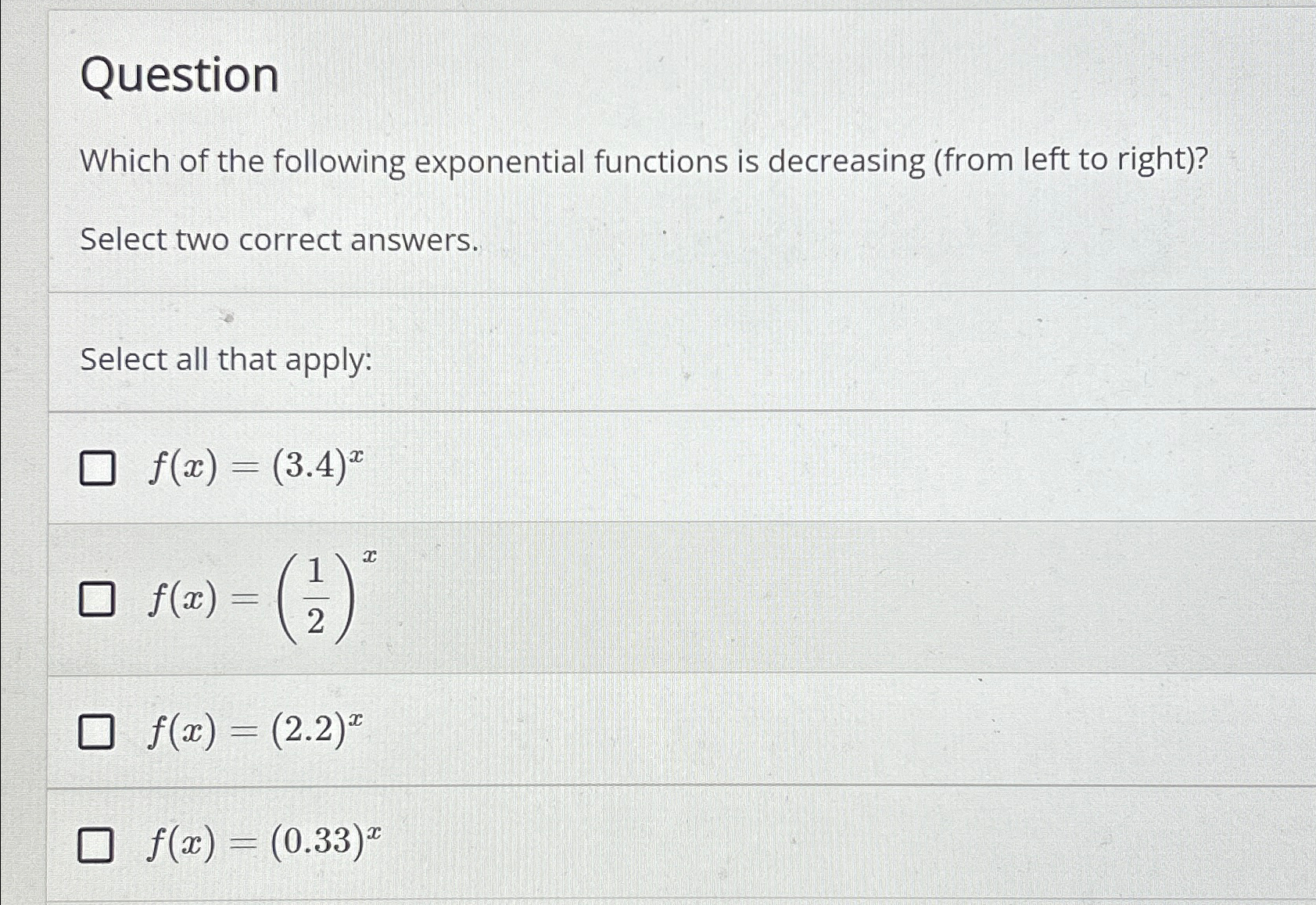 Solved QuestionWhich of the following exponential functions | Chegg.com