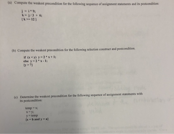 Solved (a) Compute the weakest precondition for the | Chegg.com
