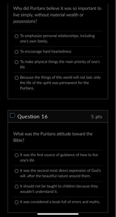 Why did Puritans believe it was so important to live | Chegg.com