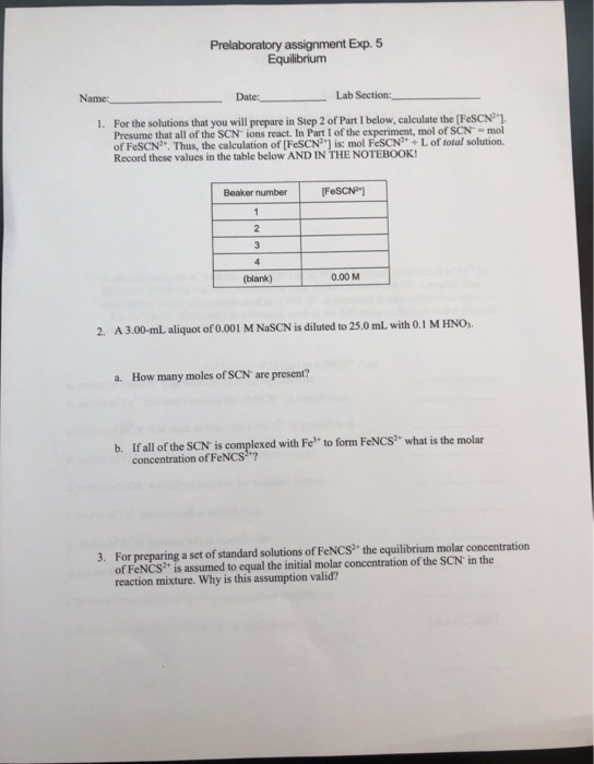Prelaboratory assignment Exp. 5 Equilibrium Name: | Chegg.com