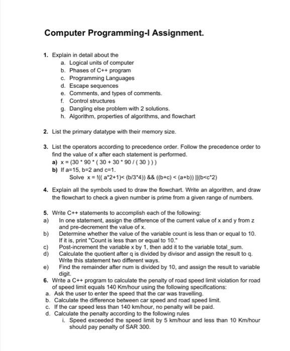 Solved Computer Programming-I Assignment. 1. Explain in | Chegg.com