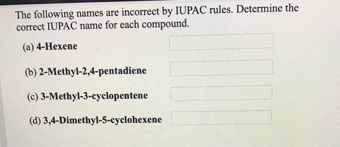 Solved The following names are incorrect by IUPAC rules. | Chegg.com