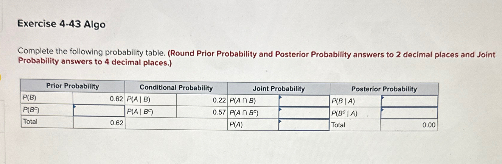 Exercise 4-43 ﻿AlgoComplete the following probability | Chegg.com