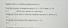 Solved Suppose that y ﻿is directly proportional to x.Find | Chegg.com