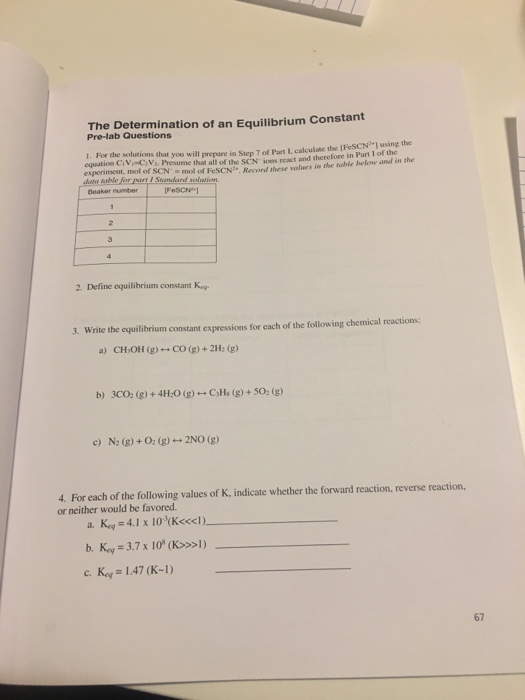 Solved The Determination of an Equilibrium Constant Pre-lab | Chegg.com