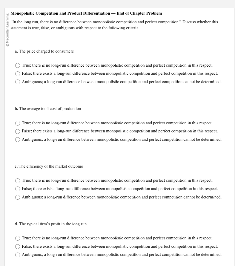 Solved Monopolistic Competition and Product Differentiation | Chegg.com