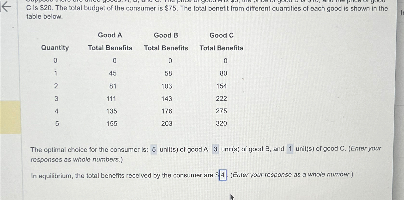 Solved C ﻿is $20. ﻿The total budget of the consumer is $75. | Chegg.com