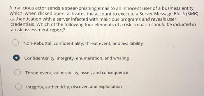 Solved A malicious actor sends a spear-phishing email to an | Chegg.com
