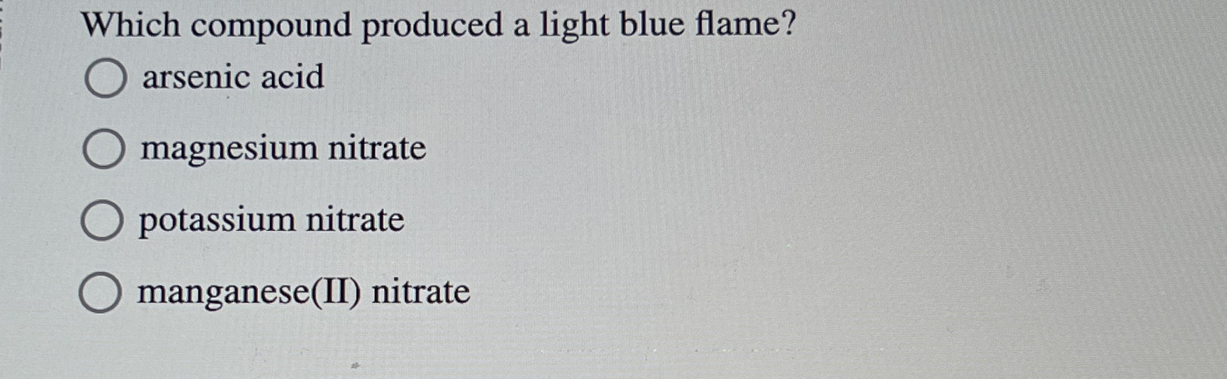 Solved Which compound produced a light blue flame?arsenic | Chegg.com