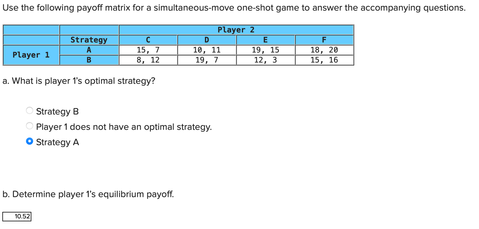 Solved Use the following payoff matrix for a | Chegg.com