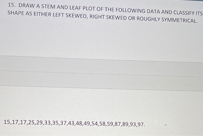 Solved 15. DRAW A STEM AND LEAF PLOT OF THE FOLLOWING DATA | Chegg.com