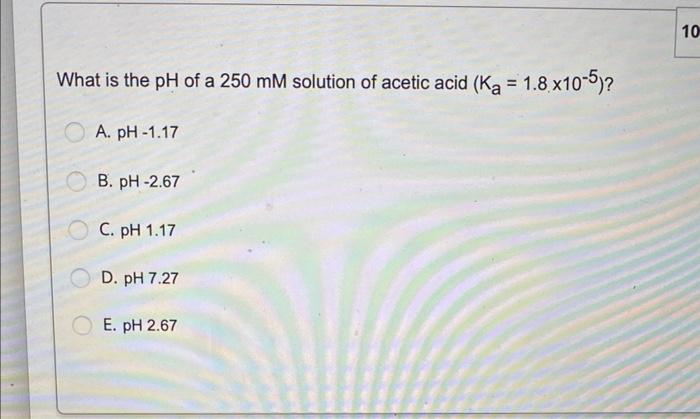 [Solved]: help? What is the pH of a 250mM solution of acetic