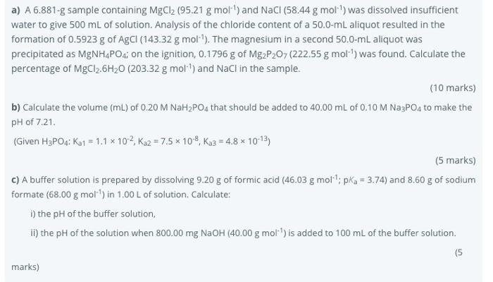 Solved a) A 6.881-g sample containing MgCl2 (95.21 g molt) | Chegg.com