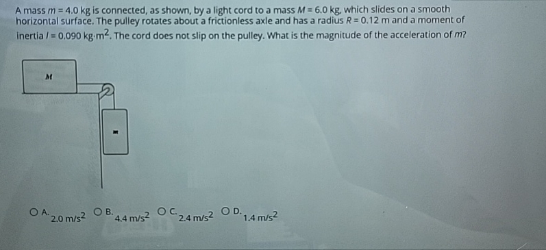Solved A mass m=4.0kg ﻿is connected, as shown, by a light | Chegg.com