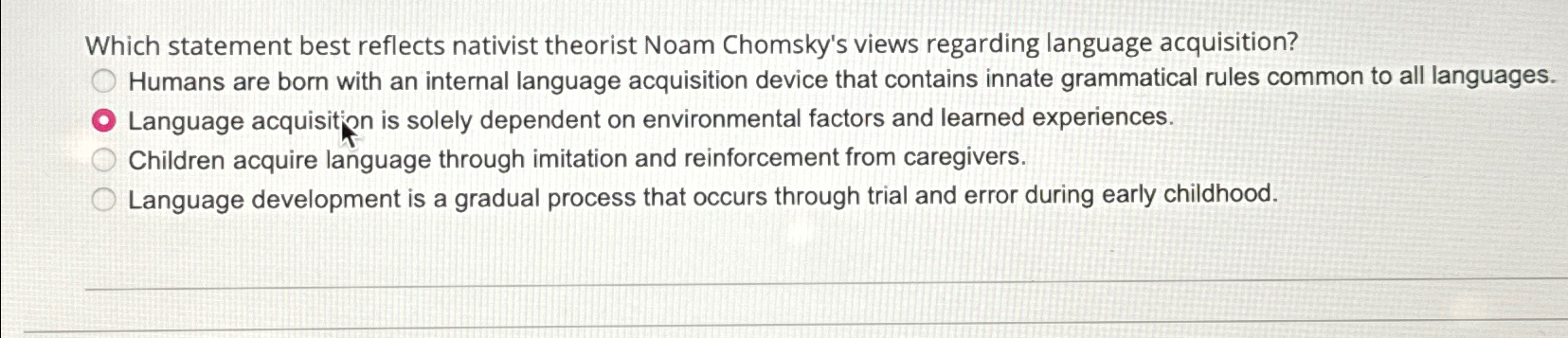 Solved Which statement best reflects nativist theorist Noam | Chegg.com