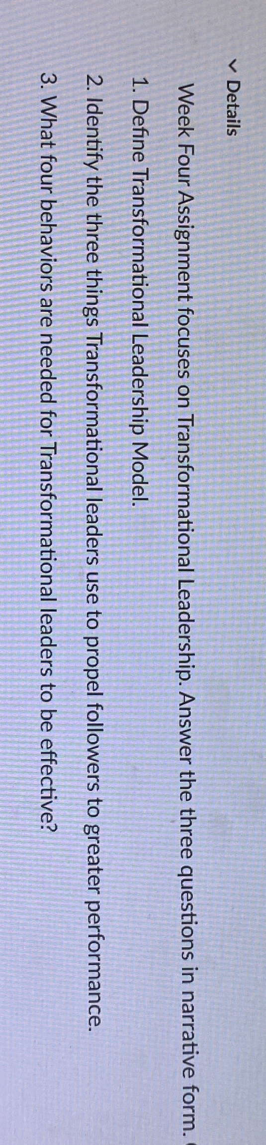Solved DetailsWeek Four Assignment focuses on | Chegg.com