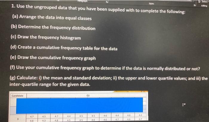 Solved 1. Use the ungrouped data that you have been supplied | Chegg.com