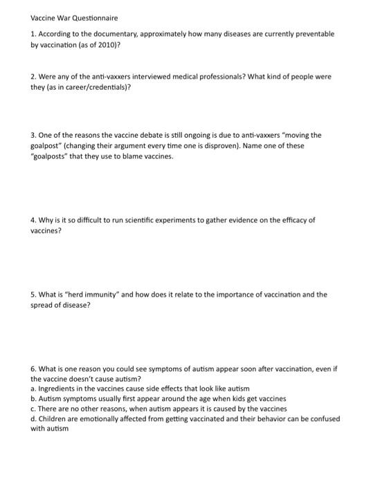 Vaccine War Questionnaire 1. According to the | Chegg.com