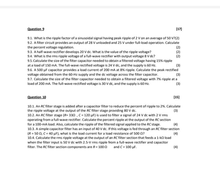 Solved Question 9 9.1. ﻿What is the ripple factor of a | Chegg.com