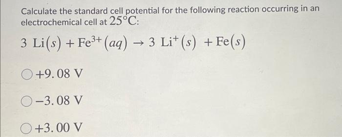 Solved Calculate the standard cell potential for the | Chegg.com