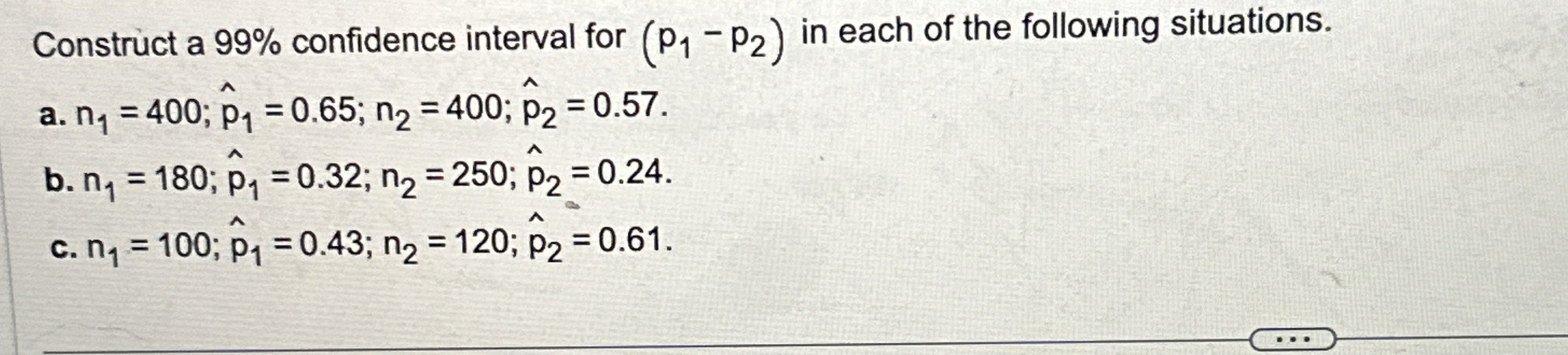 Solved Construct a 99% ﻿confidence interval for (p1-p2) ﻿in | Chegg.com