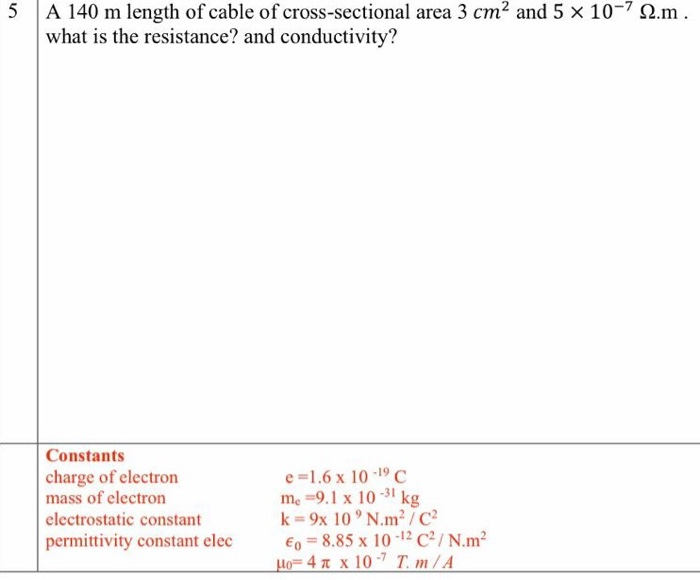 Solved 5 A 140 m length of cable of cross-sectional area 3 | Chegg.com