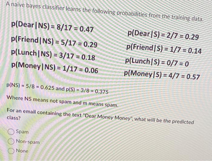Solved A naive bayes classifier learns the following | Chegg.com