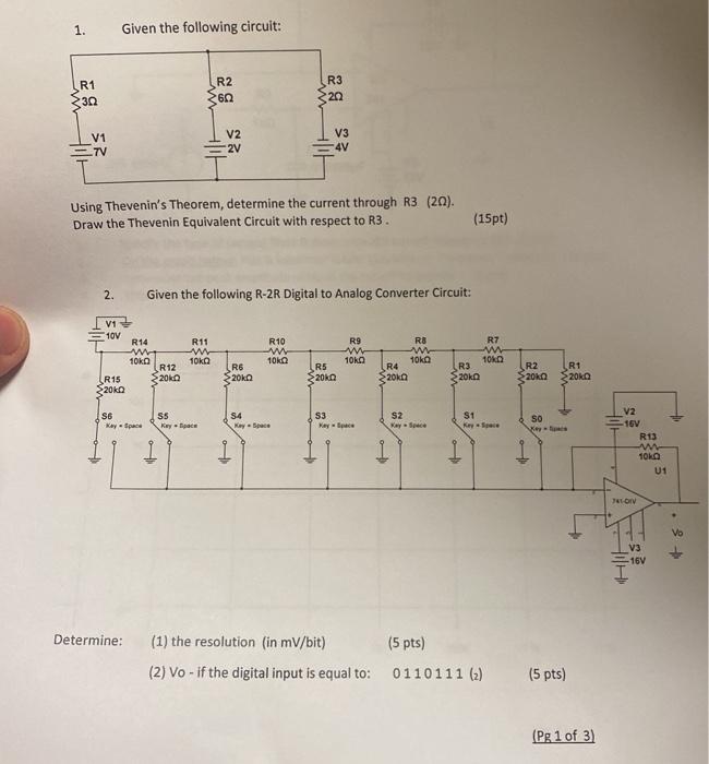 Solved 1. Given the following circuit: Using Thevenin's | Chegg.com