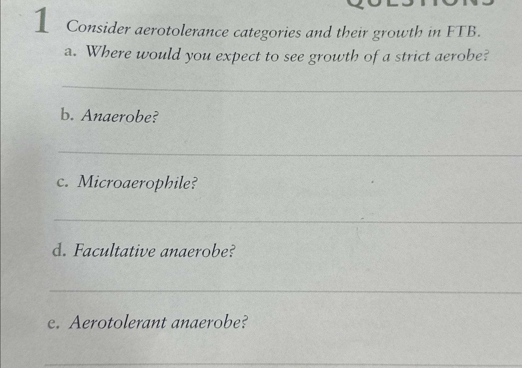 Solved 1 ﻿Consider aerotolerance categories and their growth | Chegg.com