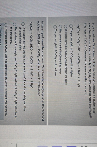 Solved In the experiment "Stoichiometry of the Precipitation | Chegg.com