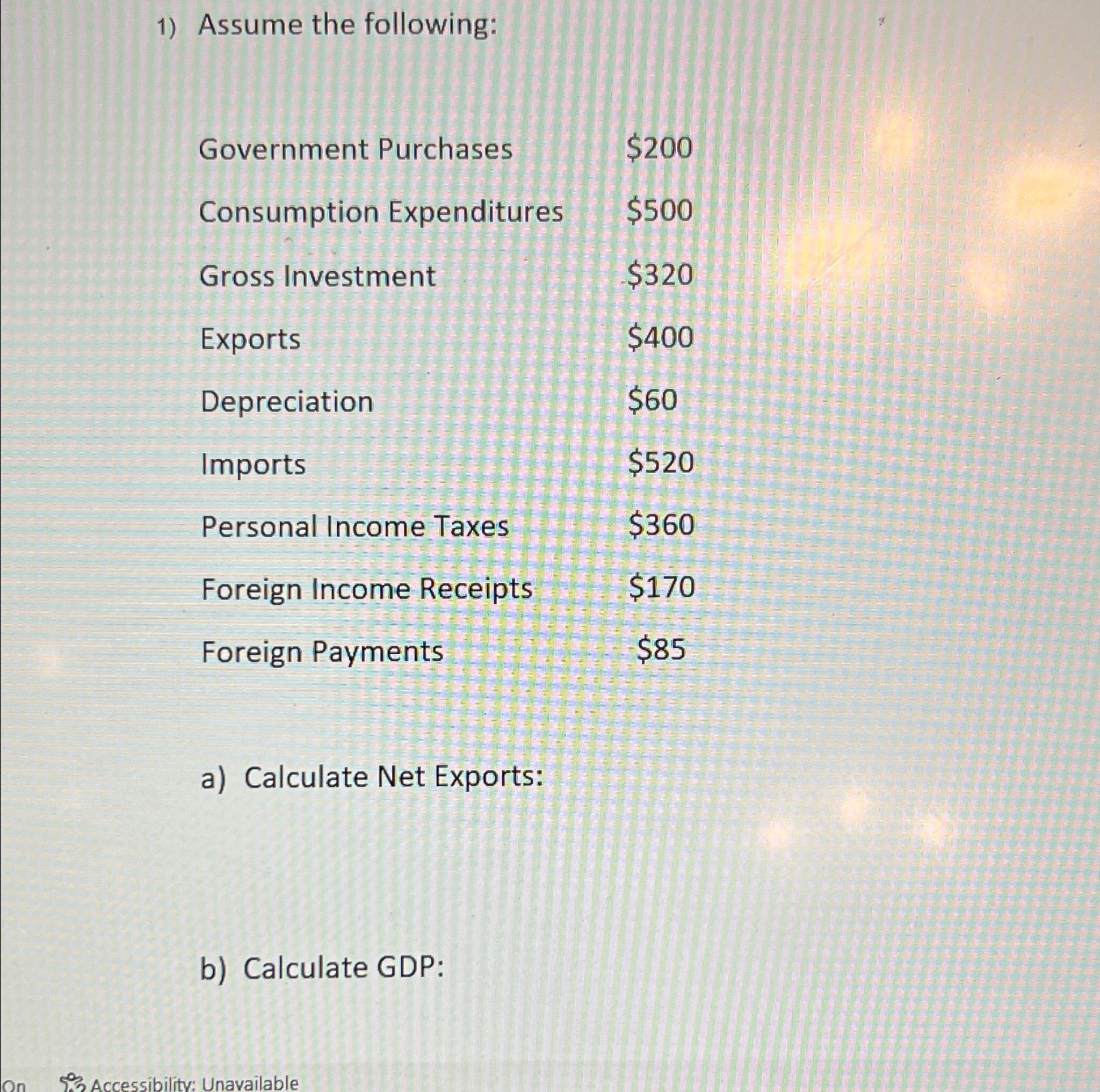 Solved Assume the following:Government Purchases | Chegg.com