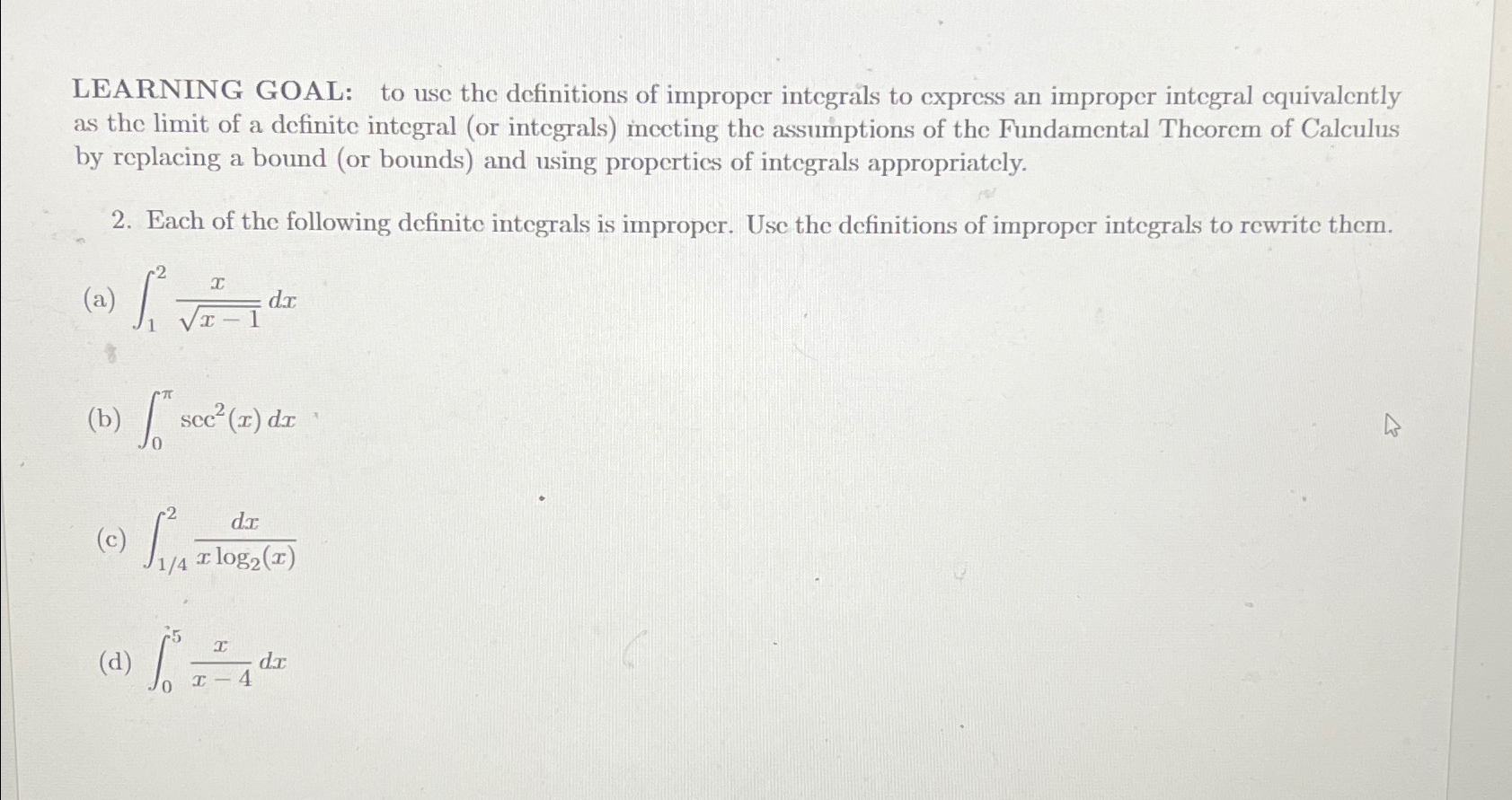 Solved LEARNING GOAL: to use the definitions of improper | Chegg.com