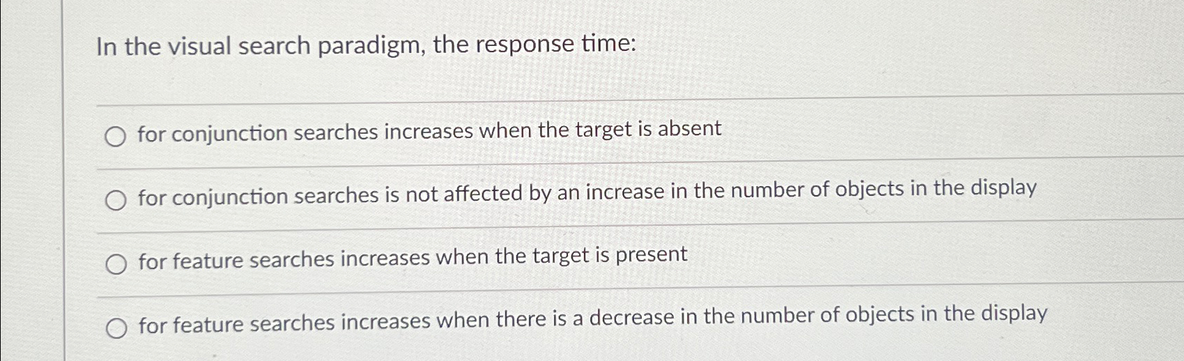 Solved In the visual search paradigm, the response time:for | Chegg.com