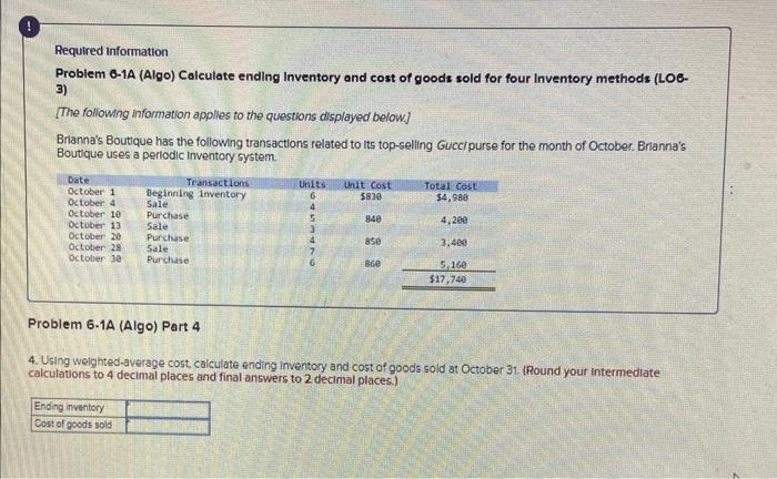 Solved Required information Problem 6-1A (Algo) Calculate | Chegg.com