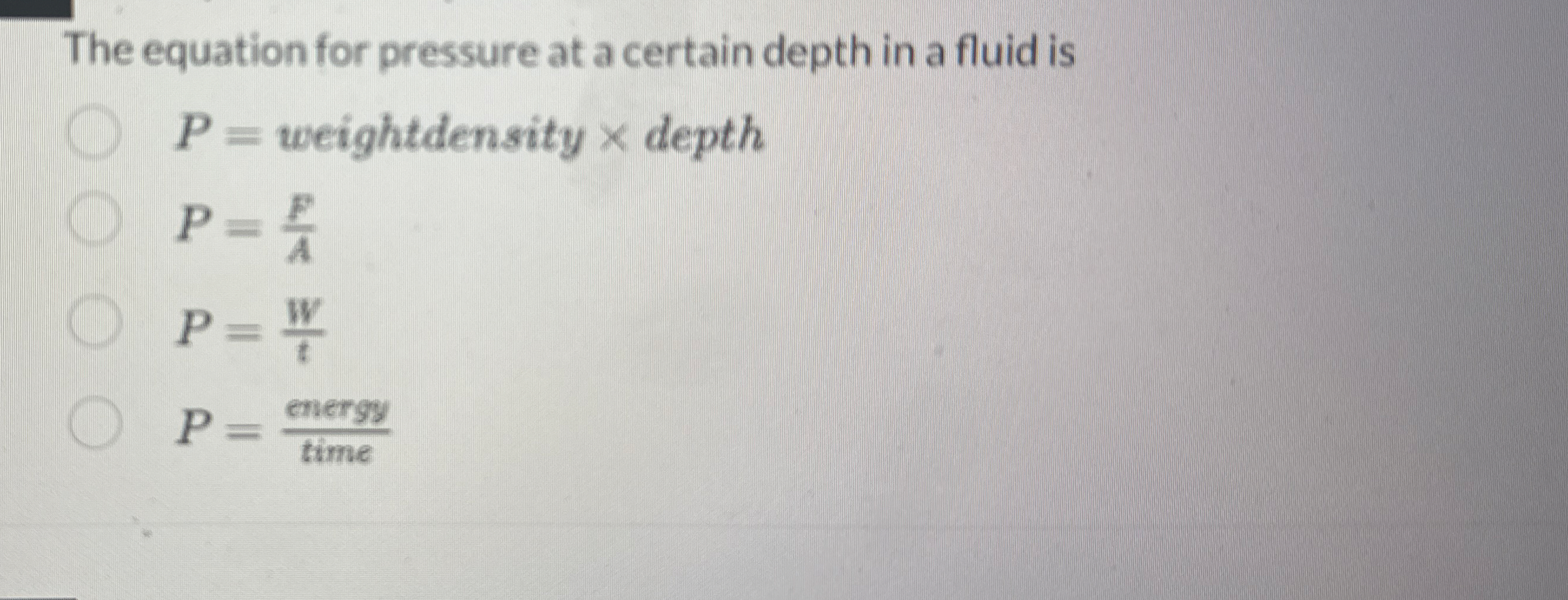 Solved The equation for pressure at a certain depth in a | Chegg.com