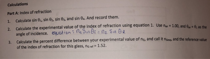 Solved Calculations Part A: Index of refraction 1. Calculate | Chegg.com