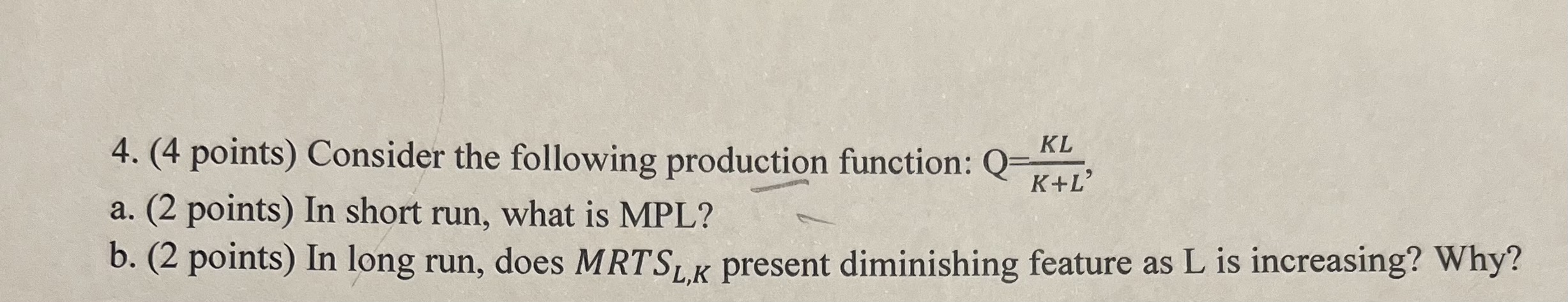 Solved (4 ﻿points) ﻿Consider the following production | Chegg.com